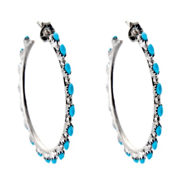 SILVER & TURQUOISE PETIT POINT HOOPS LARGE BY H. KALLESTEWA (ZUNI)